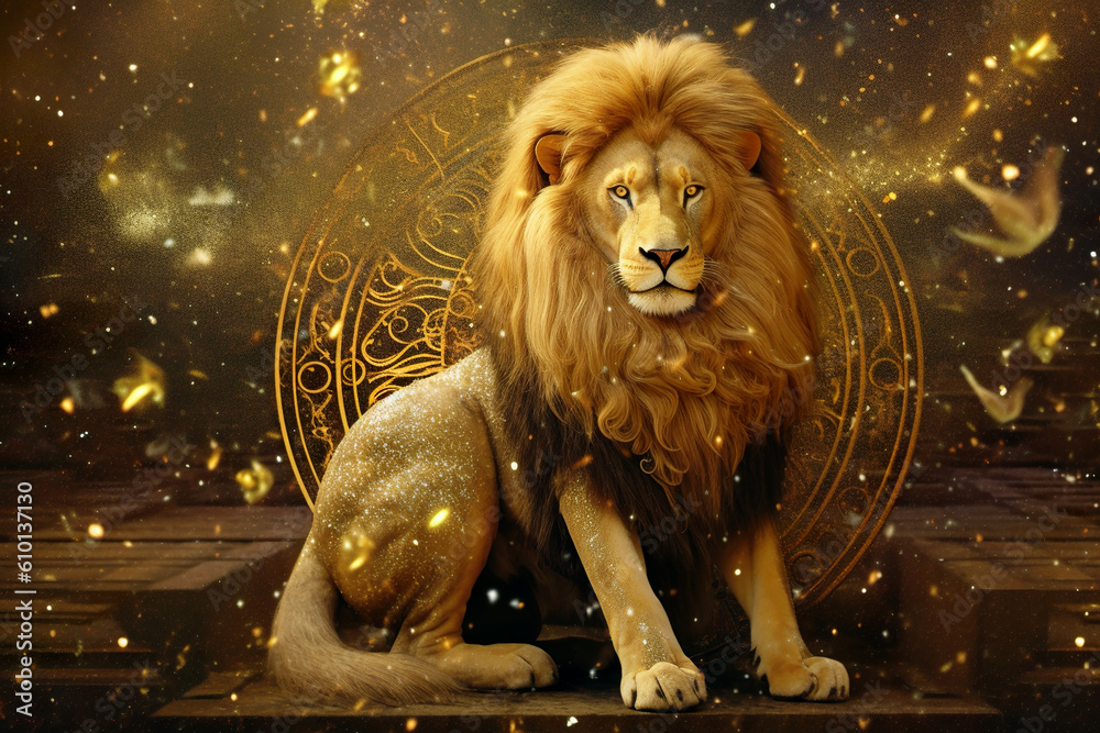 Zodiac sign of Leo, gold lion and horoscope wheel on sky background ...