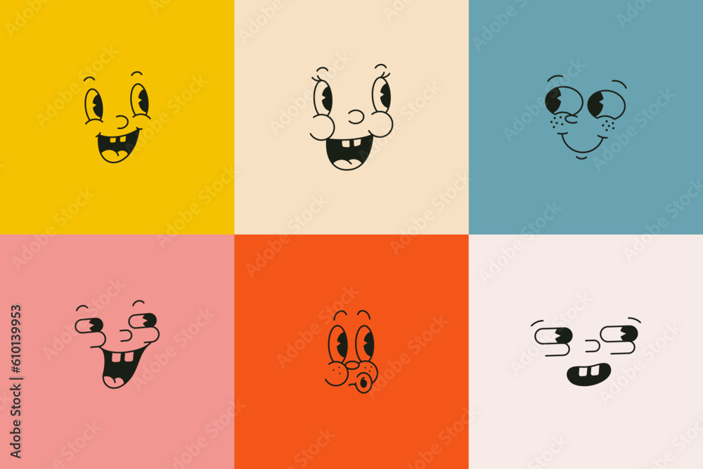 Retro Cartoon Characters Funny Faces in 30s, 50s Mascot Style. Vector ...
