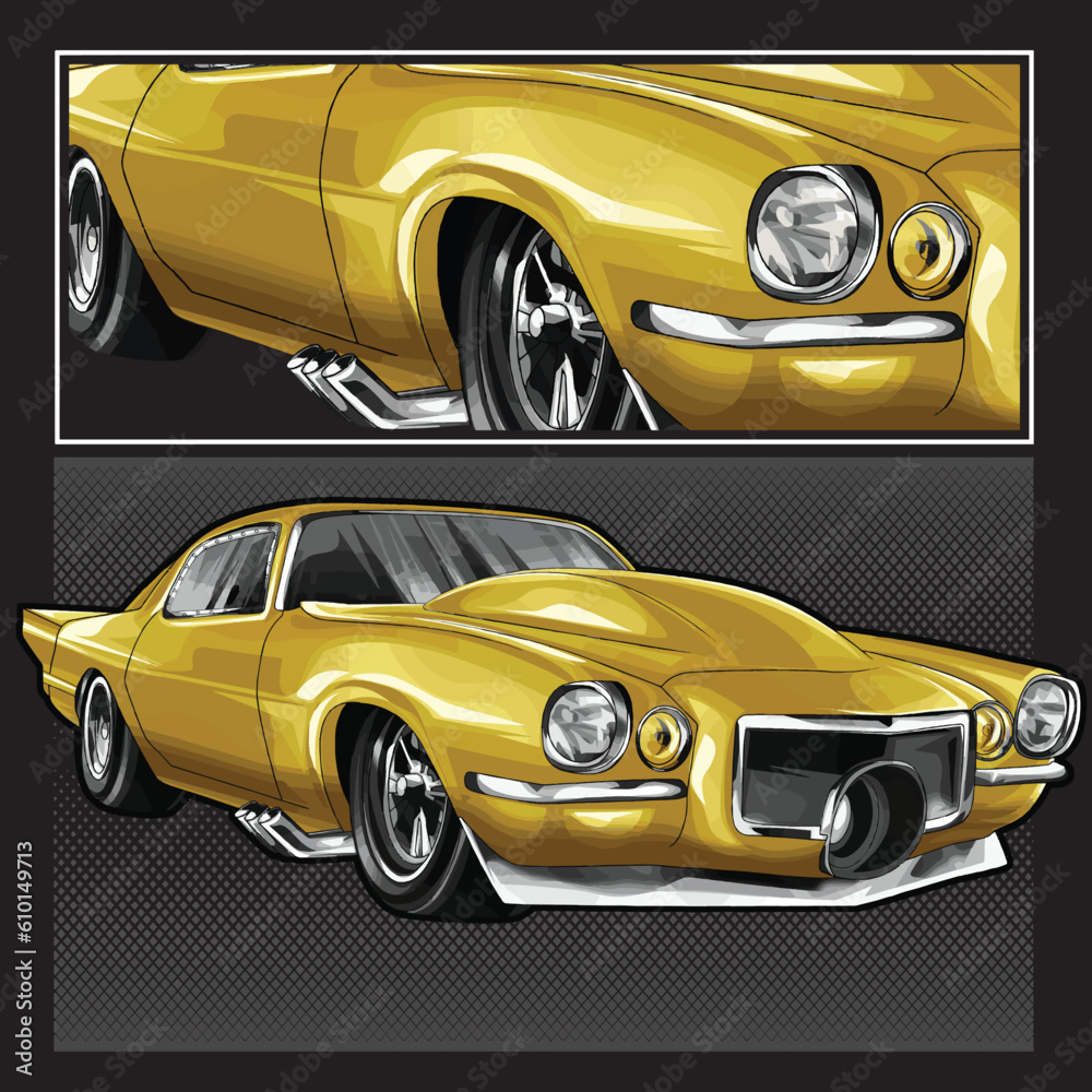 yellow drag race illustration isolated in black background for poster ...