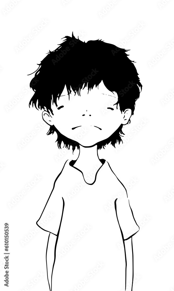 child with a hand drawn, sad child cartoon, black and white Stock ...