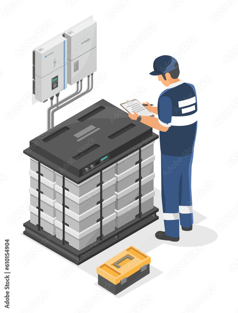 Technician installer working with Solar cell system Saltwater battery ...