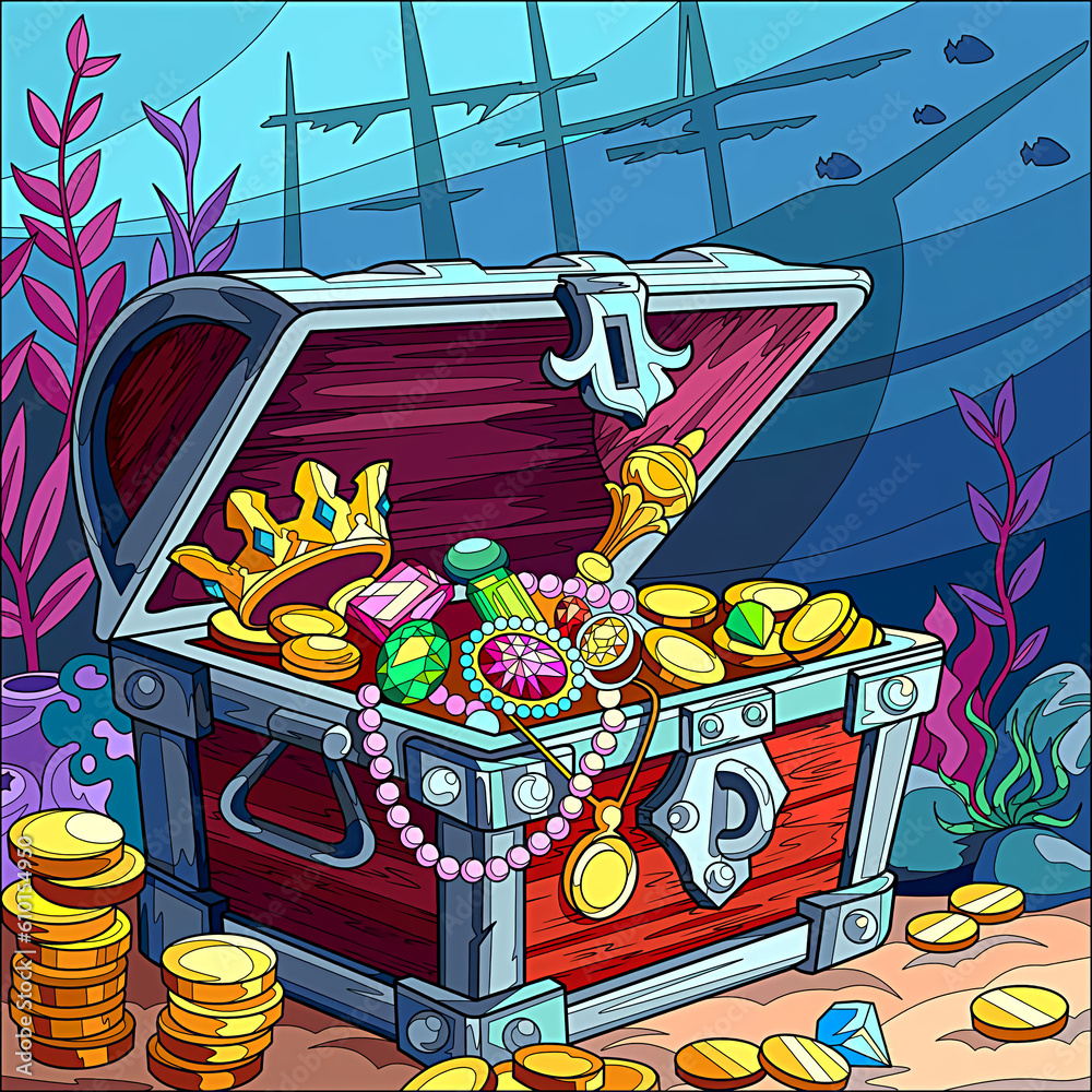 pirate ship with treasure chest under the sea Stock Illustration ...
