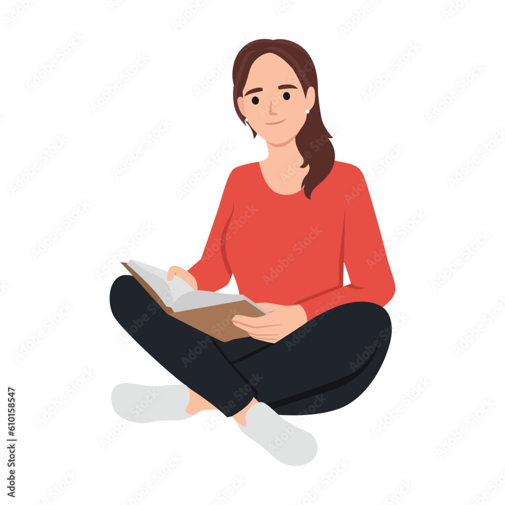 Young woman reads a book, legs crossed. Leisure and education concept ...
