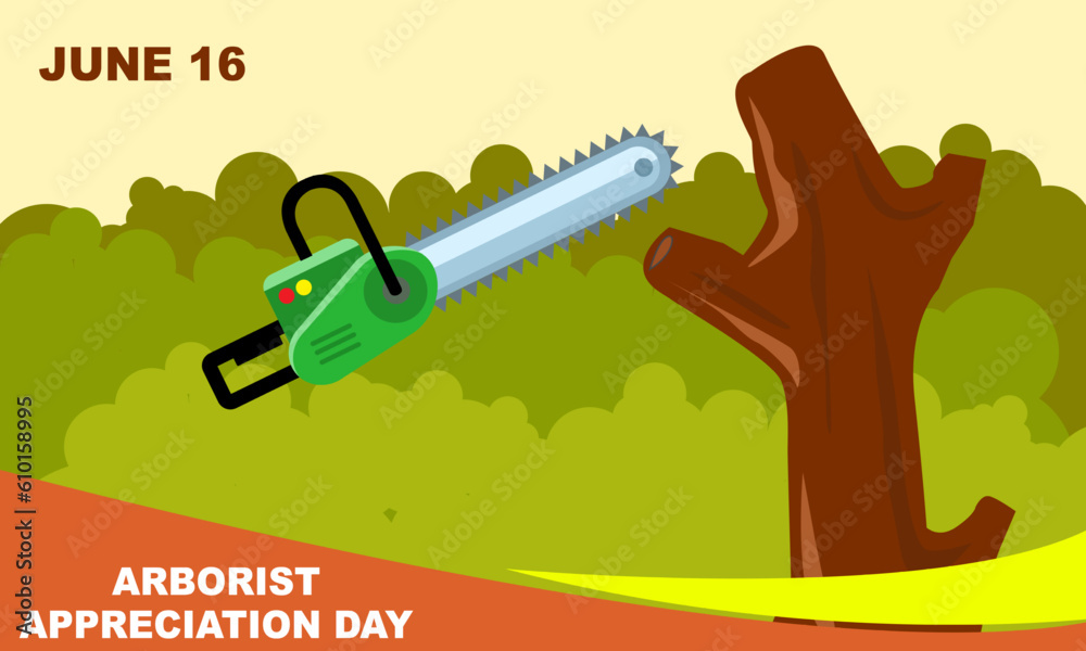 a green chainsaw and a felled tree against a green tree background and ...