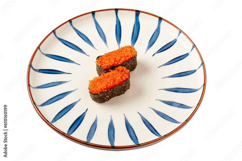 Two pieces of tobiko sushi (flying fish roe sushi) placed on a white ...