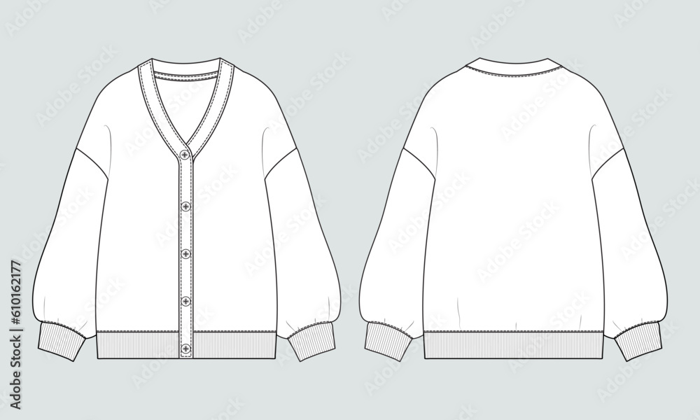 V- neck cardigan for ladies technical drawing fashion flat sketch ...