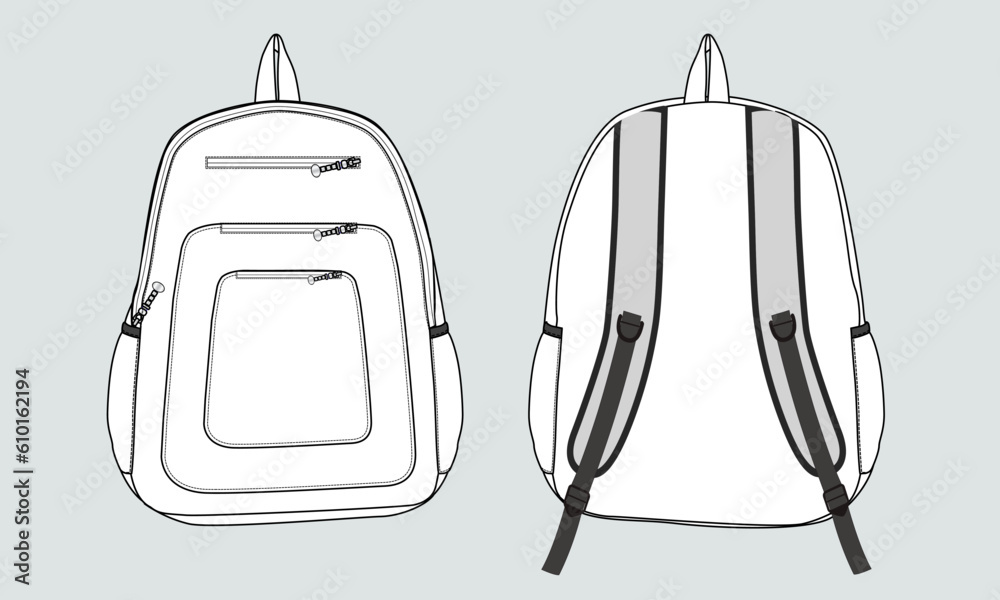 Back pack technical drawing fashion flat sketch vector illustration ...