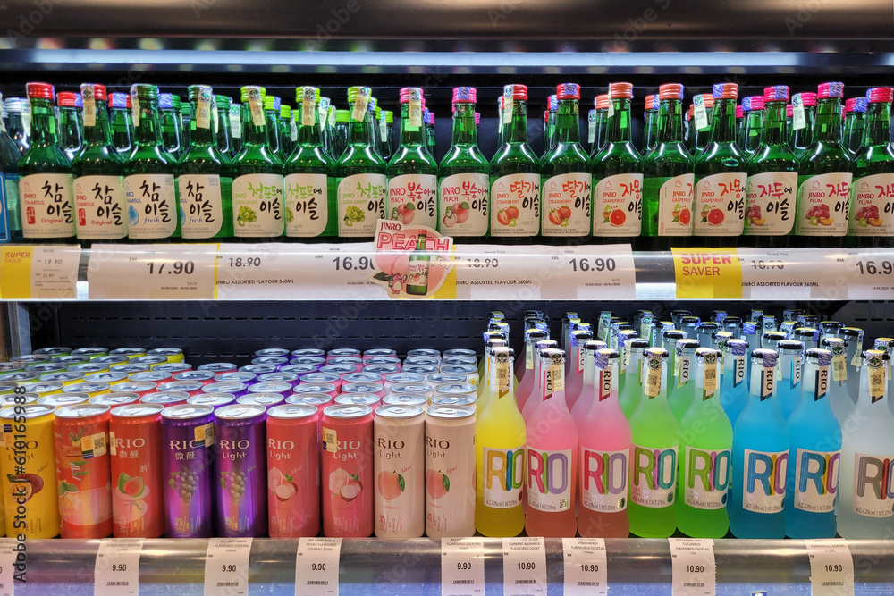 PENANG, MALAYSIA - 26 MAY 2023: Assortment Korea soju and soft drink ...