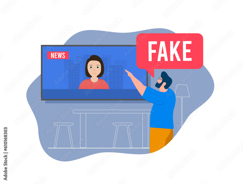 Combat fake news and misinformation. Man exposes false TV news, raising ...