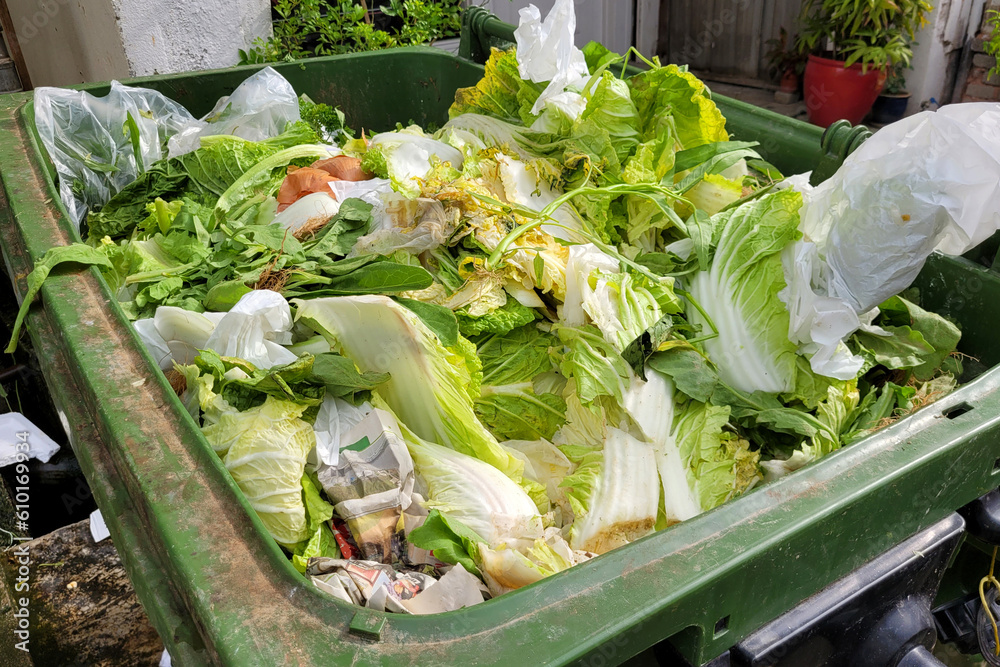 Close up vegetable waste at the wholesale market Malaysia. Vegetable ...
