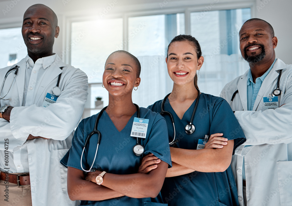 Group, doctors and portrait with arms crossed, smile and hospital ...