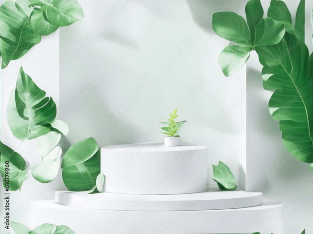 Miniature 3d white sandstone podium with green leaves. Miniature podium ...
