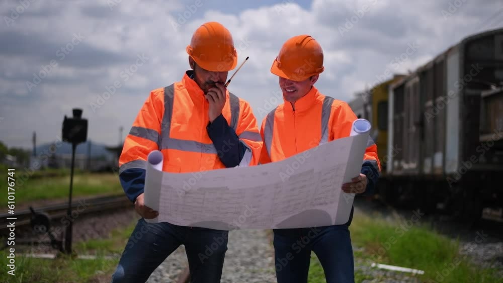 Video „Engineer railway holding blueprint under checking construction ...
