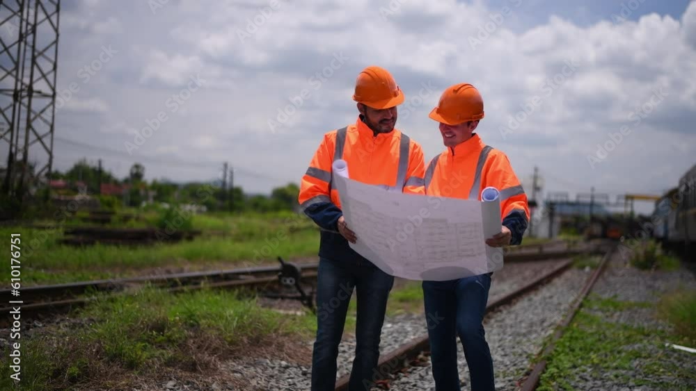 Engineer railway holding blueprint under checking construction process ...