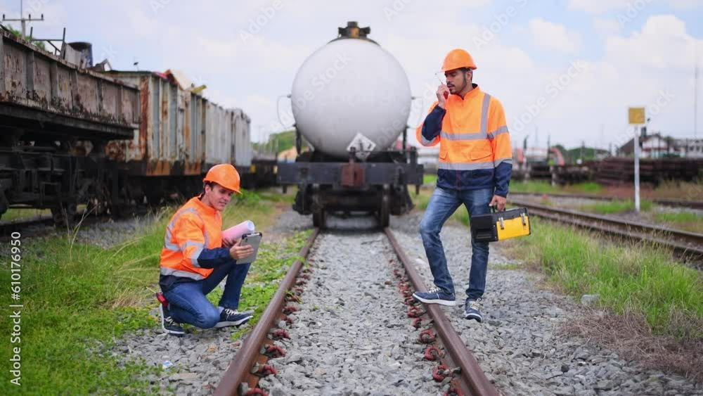 Engineer railway holding equipment boxes checking construction process ...