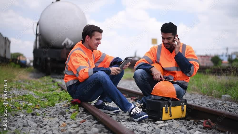 Engineer railway under relaxed after checking construction process ...