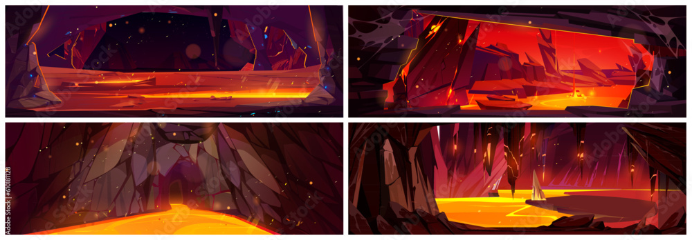 Volcano lava hell rock cave view fantasy game cartoon background set ...