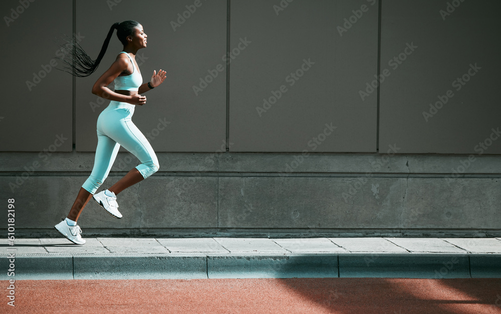Black woman, run and city sidewalk with training, exercise and fitness ...