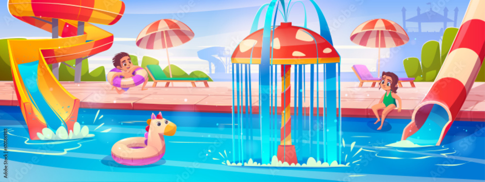 Happy children playing in aquapark. Vector cartoon illustration of ...