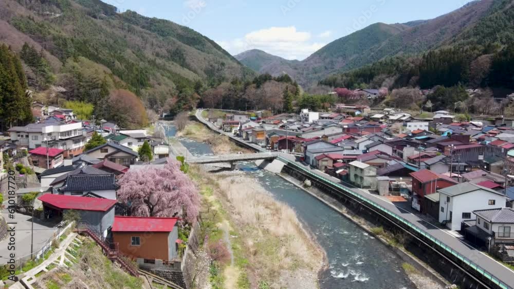 Aerial View Of Kiso-Hirasawa Town And Narai River With Cherry Blossom ...
