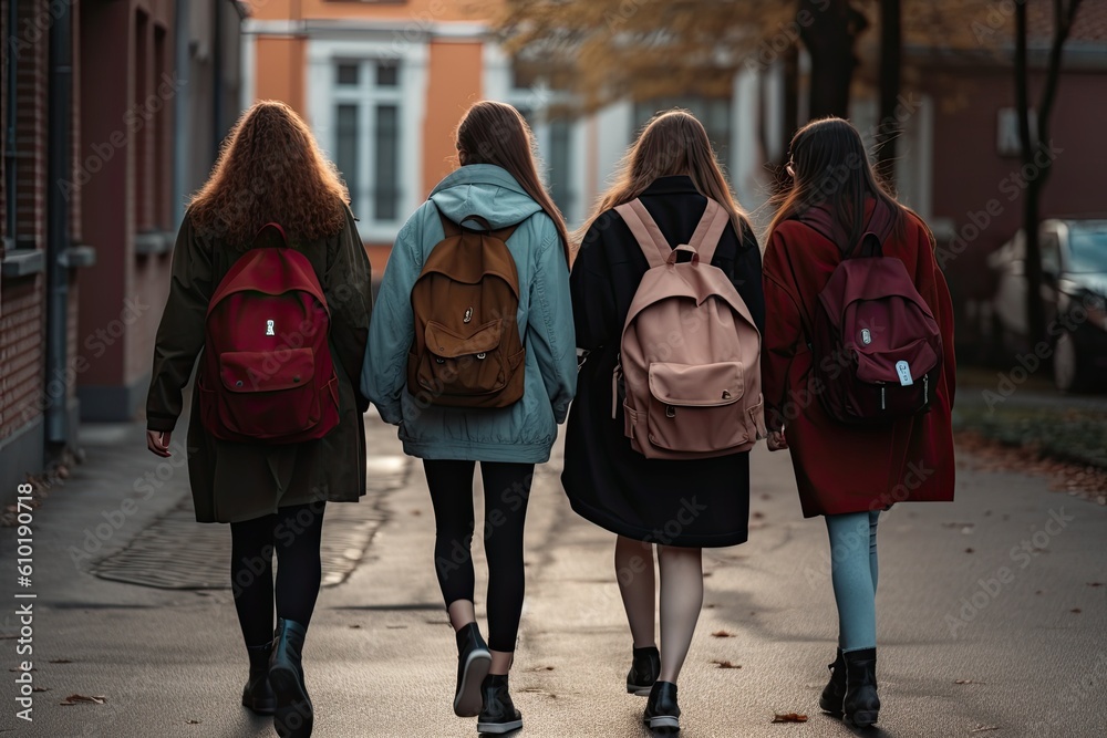 Back view of three girls with backpacks walking on the street. A group ...