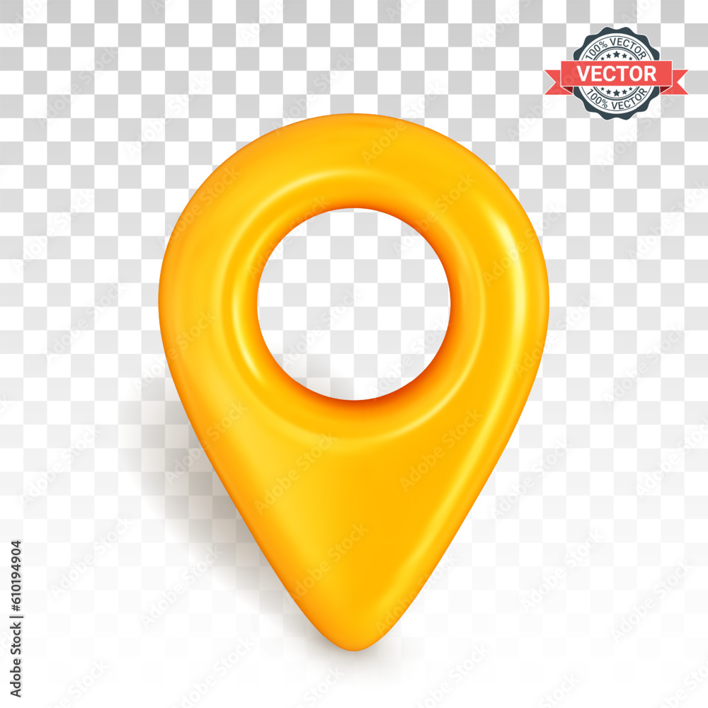 Yellow map pointer or GPS location icon, in the front view. Information ...