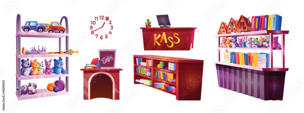 Vector toy store shelf game vector illustration. Shop cartoon wooden ...