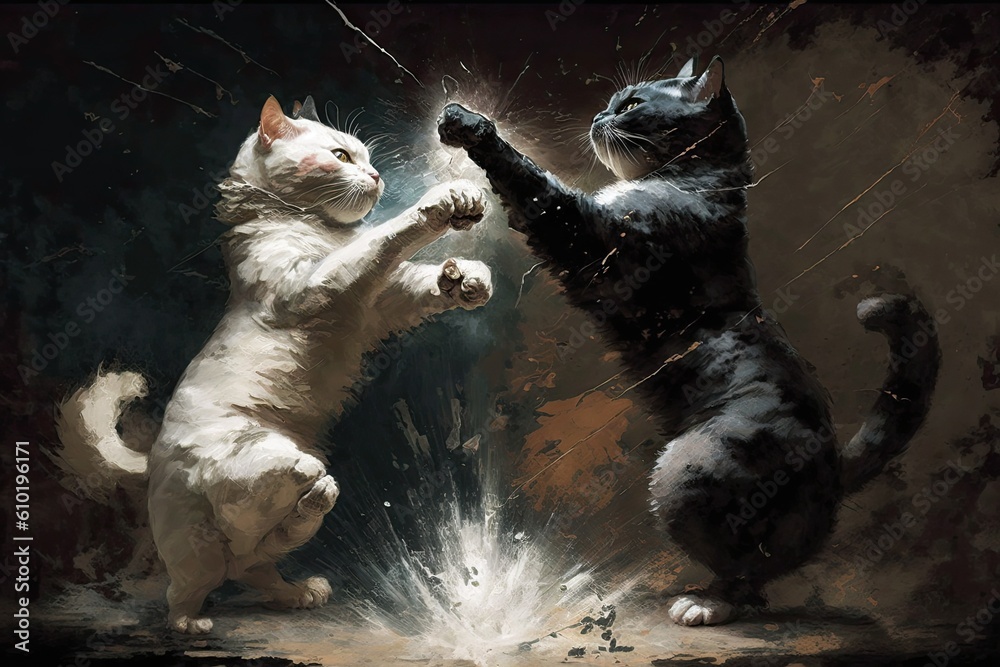 Furious fluffy cats in fighting in the boxing stadium, theme of vintage ...