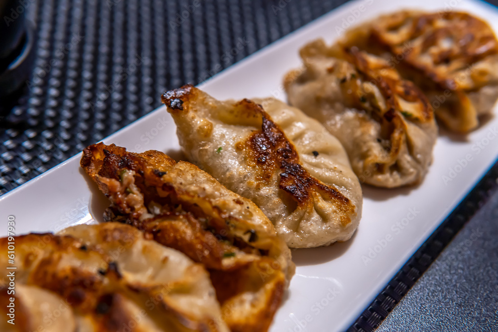 A plate of 6 fried momos with a stuffing of delicious chicken is kept ...