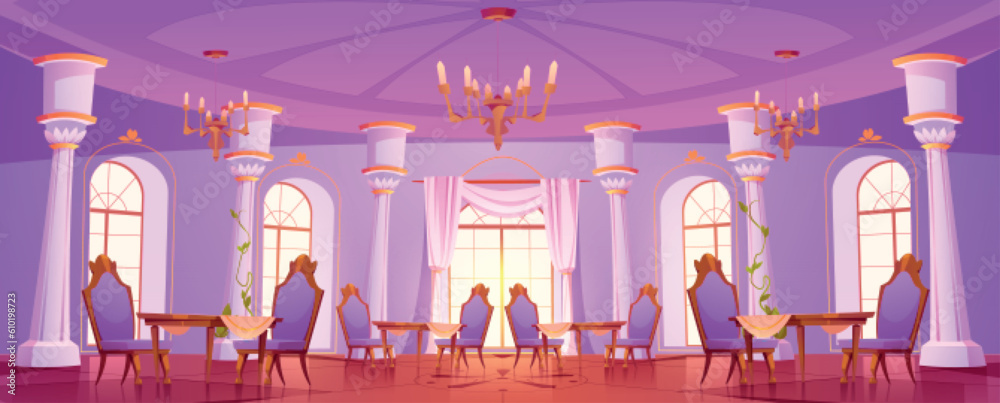 Castle ballroom interior vector royal background. Medieval ball room in ...