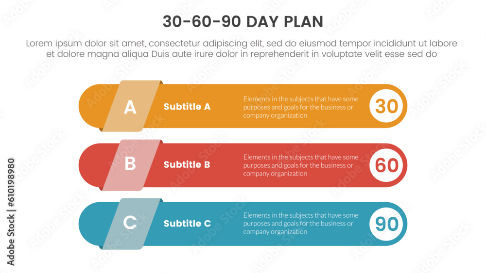 30-60-90 day plan management infographic 3 point stage template with ...