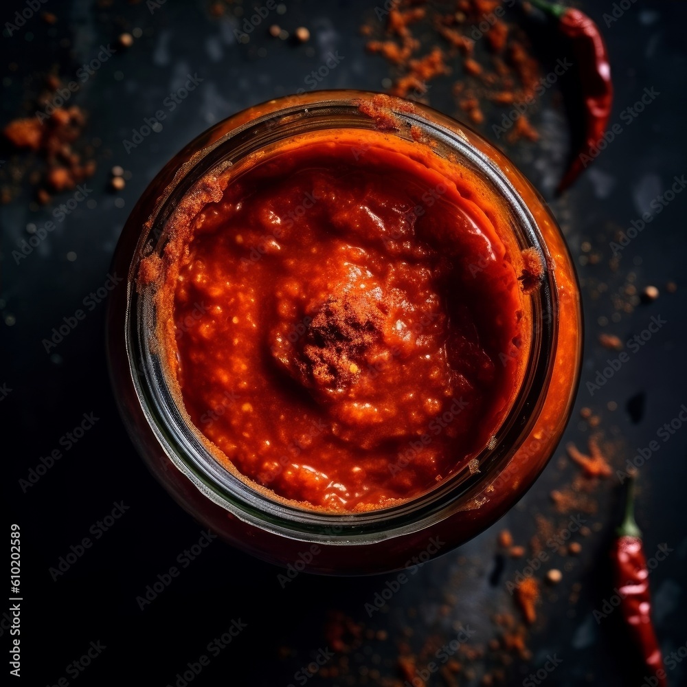 jar of Harissa paste with its lid off, revealing its smooth texture and ...