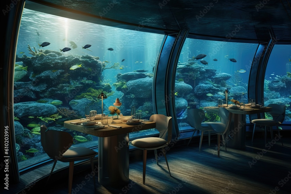 Futuristic underwater restaurant nestled within a coral reef, offering ...