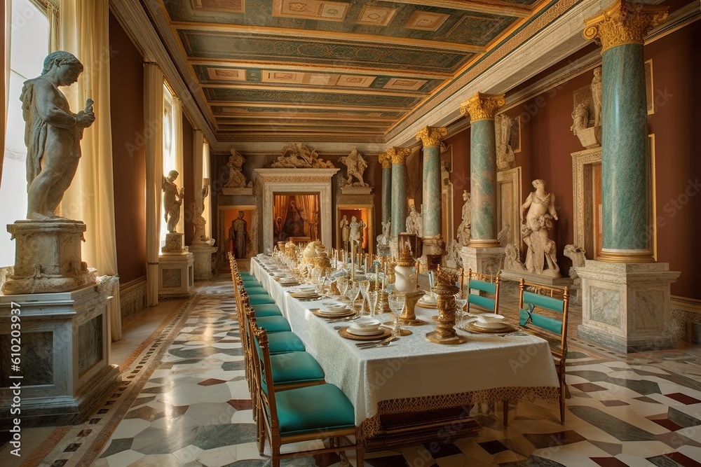 Grand Roman banquet in a lavish villa, with marble columns and statues ...