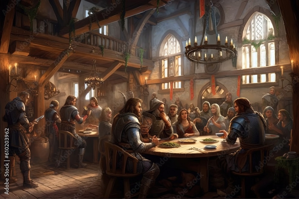 Medieval tavern filled with knights and peasants, where servers clad in ...