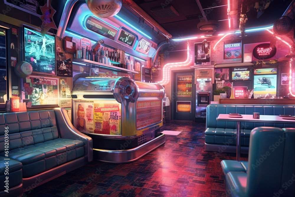 Retro - futuristic diner in the 1980s, complete with neon lights ...
