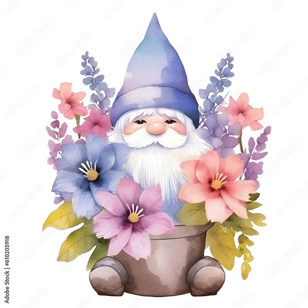 Watercolor Garden gnome with flowers Clipart Element Printable ...