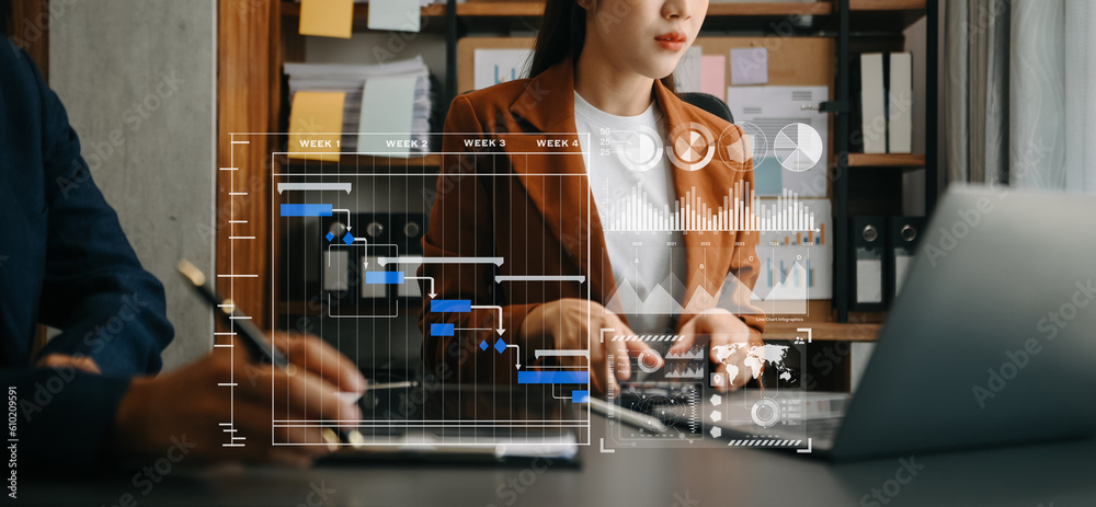 Businesswo man hand Project manager working and update tasks and Gantt ...