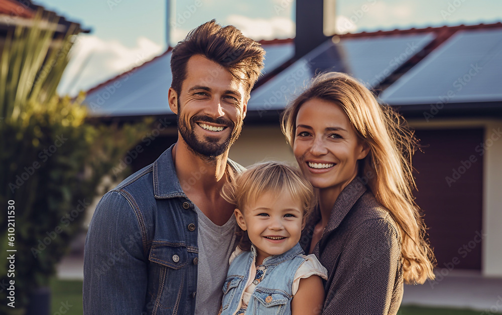 Smiling husband and wife holding their son in the driveway of their ...