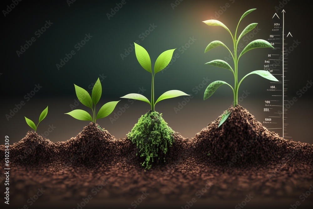 Tiny green seedlings sprouting in the ground forming a graph with ...