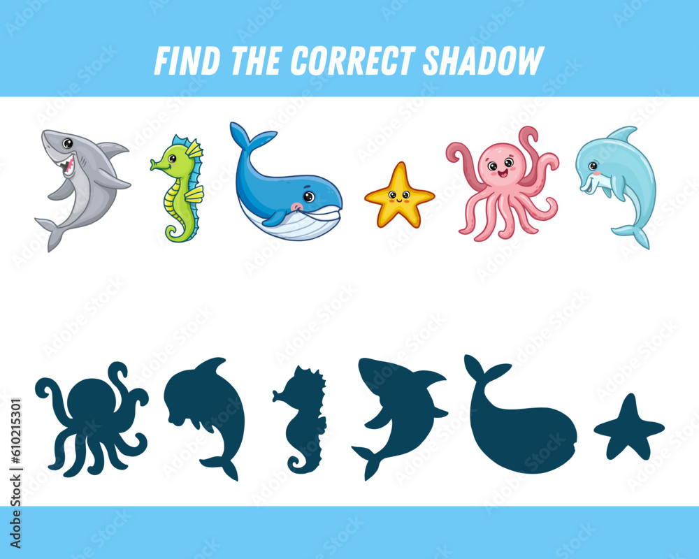 Find correct shadow of sea animals. Shark, octopus,sea horse, starfish ...