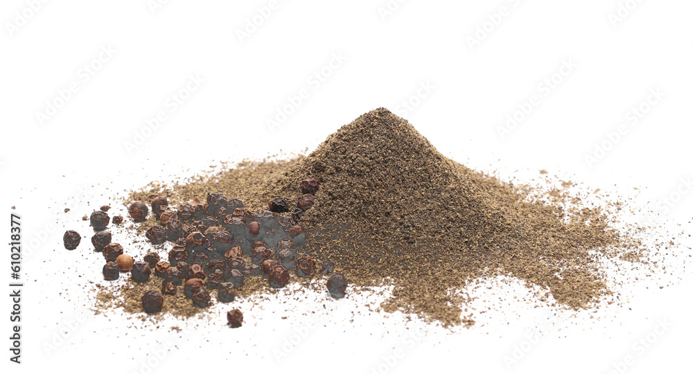 Minced black pepper and grains, ground peppercorn pile isolated on ...