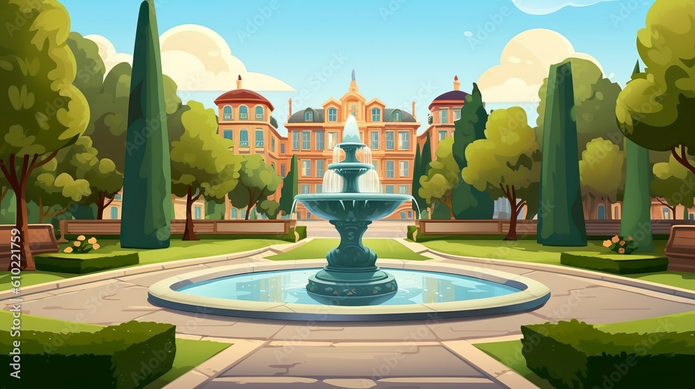 Abstract background city park with fountain. A vibrant banner design ...