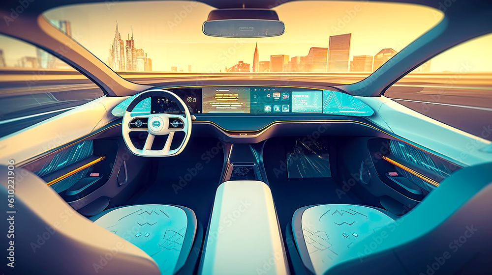 Inside view of autonomous vehicle concept with sunset on background ...