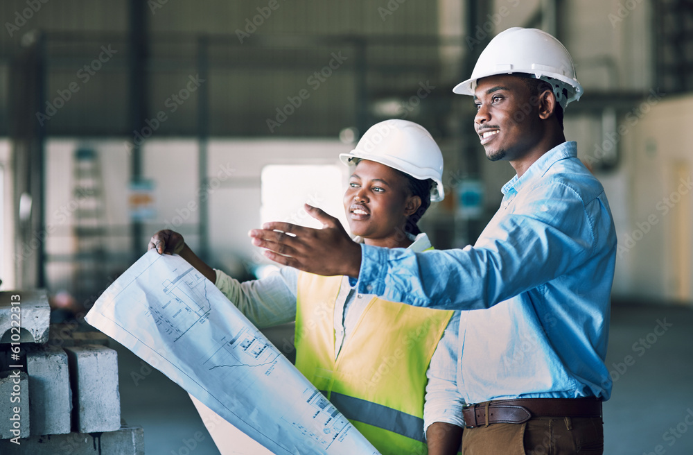Black people, architect and blueprint in construction, planning or ...