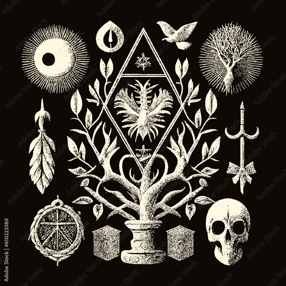 Occult symbols composition in dotwork style. Abstract mystic elements ...