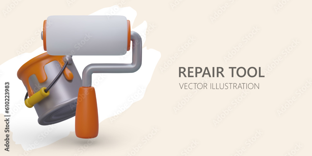 Repair tool kit concept. 3d realistic bucket with orange paint and ...