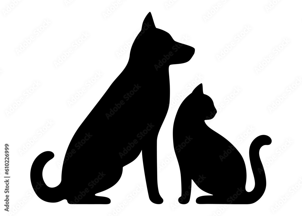 Dog and cat black profile silhouette. Pets sit together, side view ...