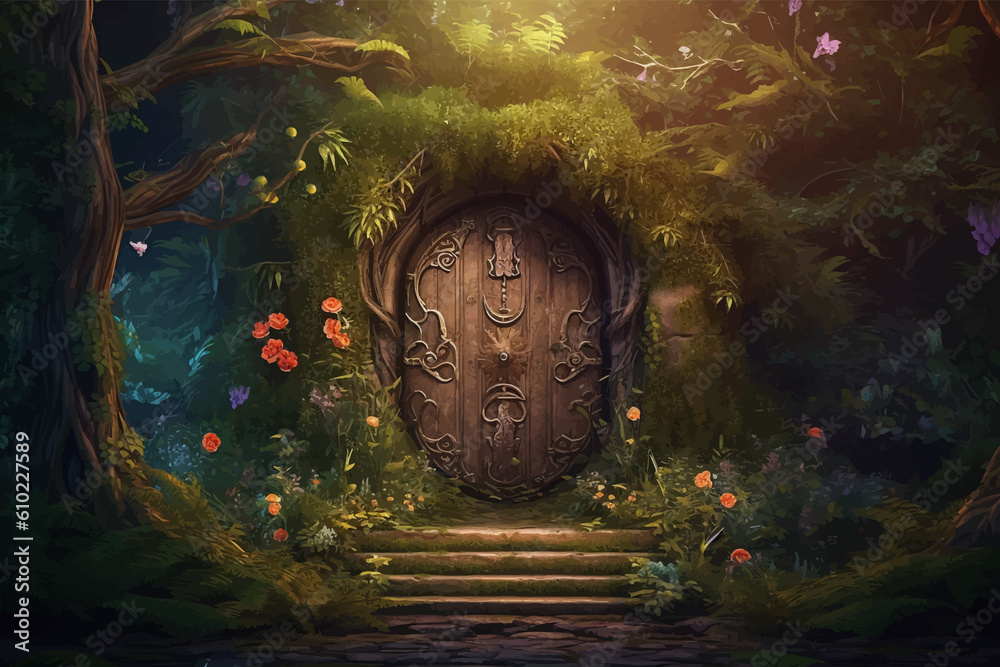 Stock-illustrationen Magic Wooden door to an alien world. Magic Gate. Fantasy gate. Mysterious ...