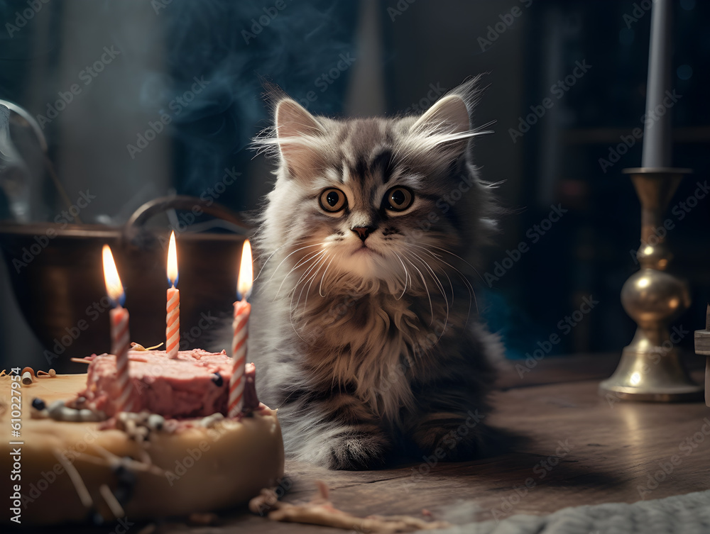Handsome young tabby Maine Coon cat, sitting up near birthday cake with ...